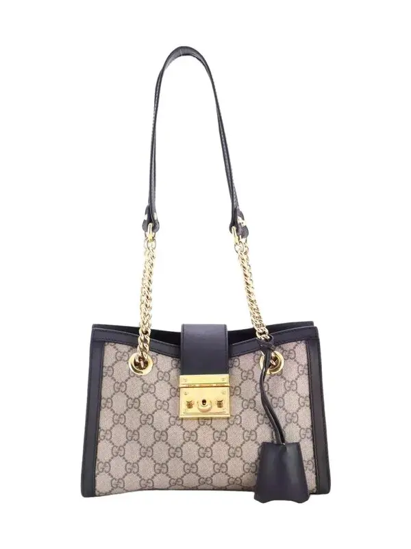 Gucci Padlock Chain Tote Gg Coated Canvas Leather Small Shoulder Bag - Black