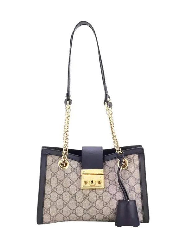Gucci Padlock Chain Tote Gg Coated Canvas Leather Small Shoulder Bag - Black