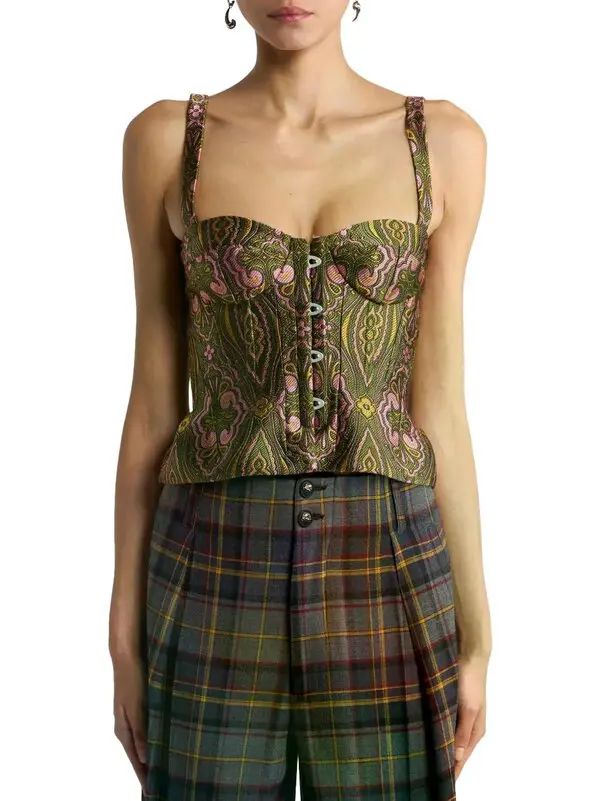Etro Jacquard Corset Top With Floral Medallion Motif - Green