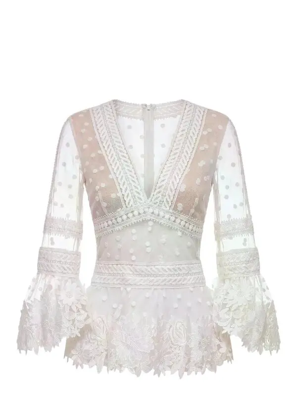 GEMY MAALOUF Floral-embroidered Tulle Blouse - White