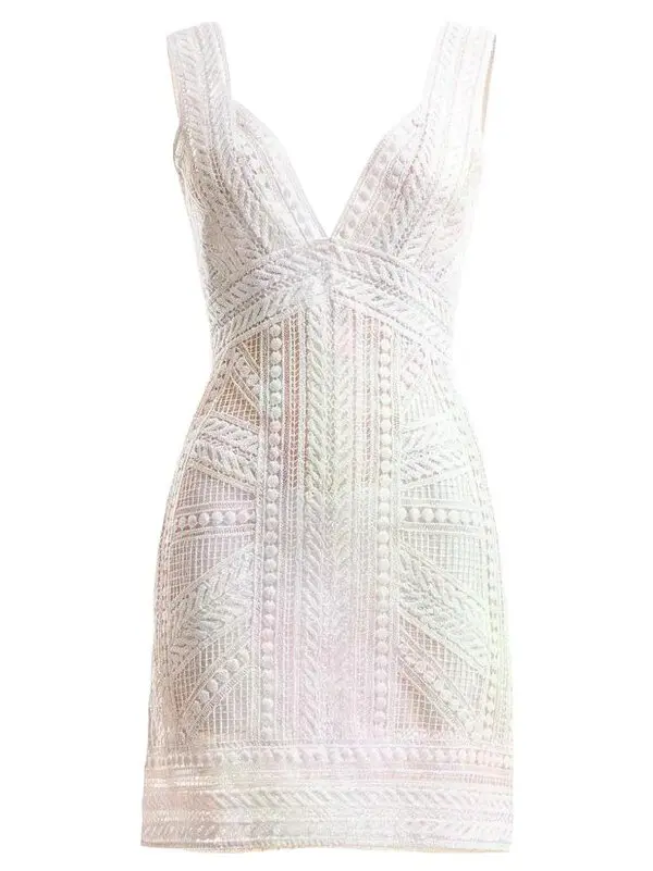 GEMY MAALOUF Geometric Lace Fitted Mini Dress - White
