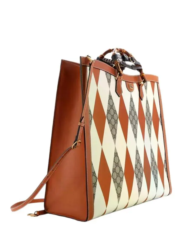 Gucci Diana Nm Bamboo Handle Rhombus Gg Coated Canvas With Leather Large Tote Bag - Brown