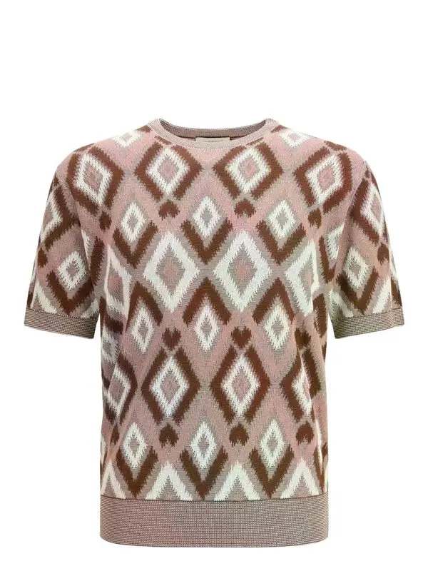 PIACENZA CASHMERE 1733 Dusty Rose Argyle Pattern Crew Neck Short Sleeve T-shirt - Pink