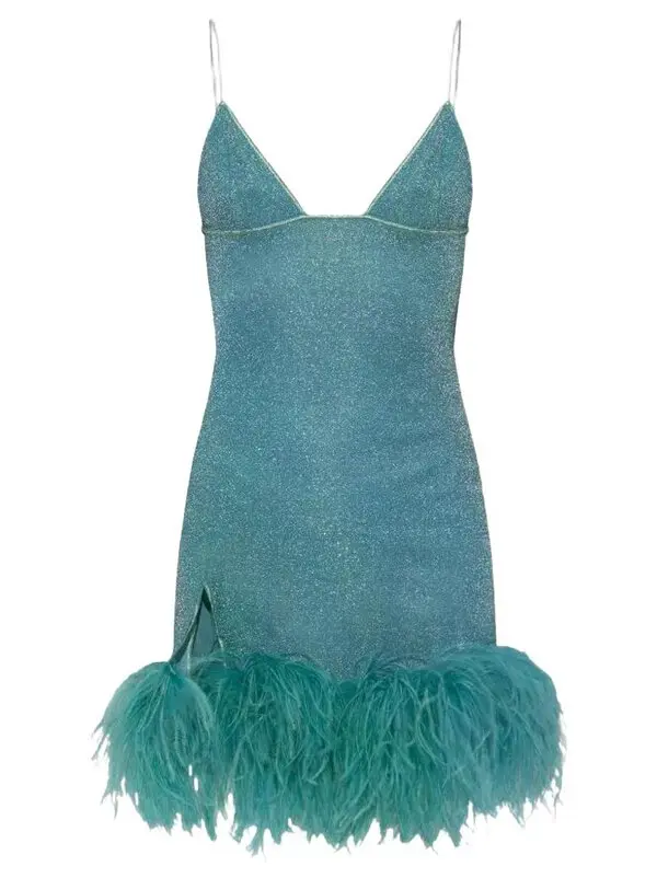 Oseree Feather-trimmed Lurex Mini Dress - Blue