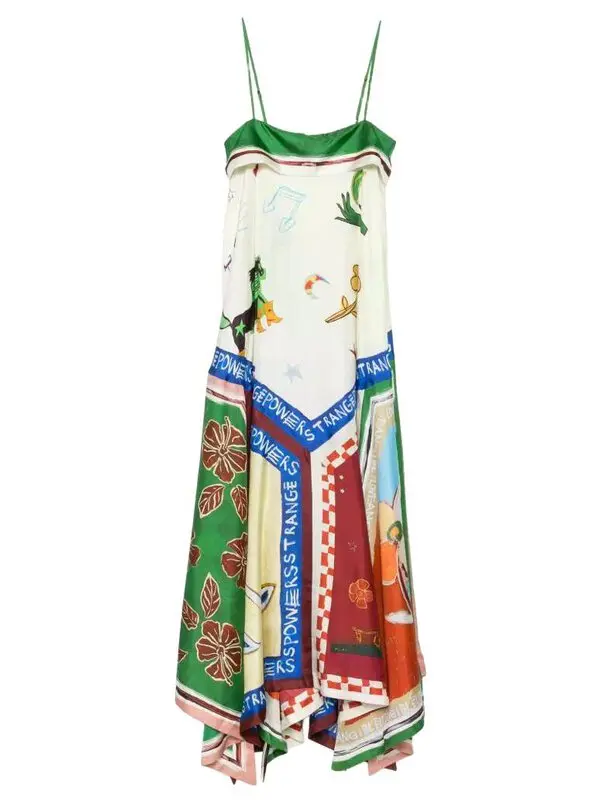 ALEMAIS Alemas Graphic Print Handkerchief Hem Midi Dress - Neutrals