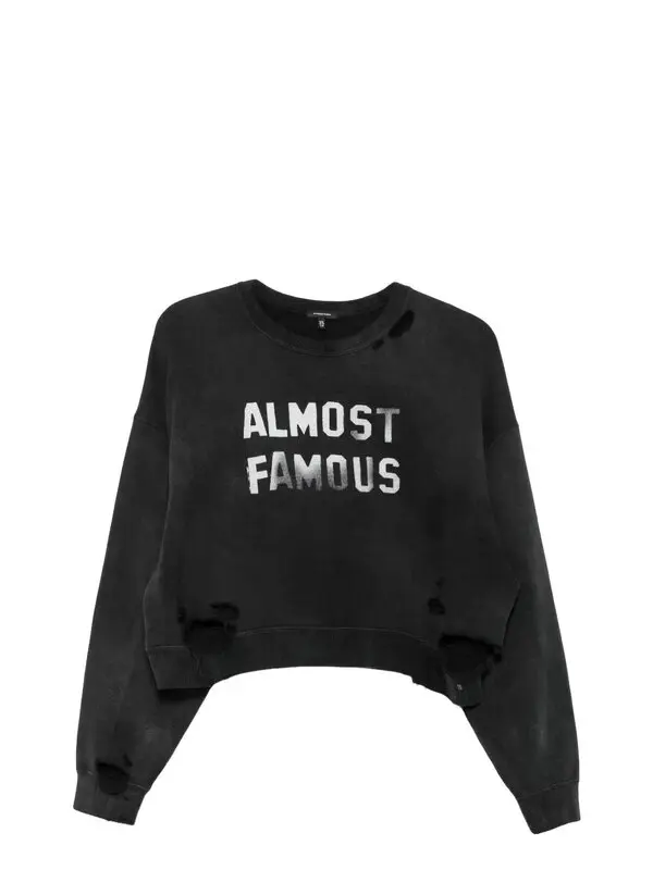 R13 Distressed Slogan Print Cropped Sweatshirt - Black