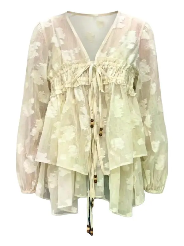 ÉPINGLER Floral Motif Ruffled Cardigan - Neutrals