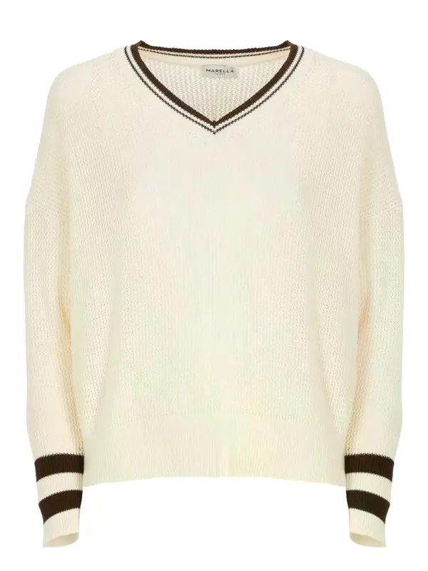 Marella V-neck Striped Trim Sweater - Neutrals