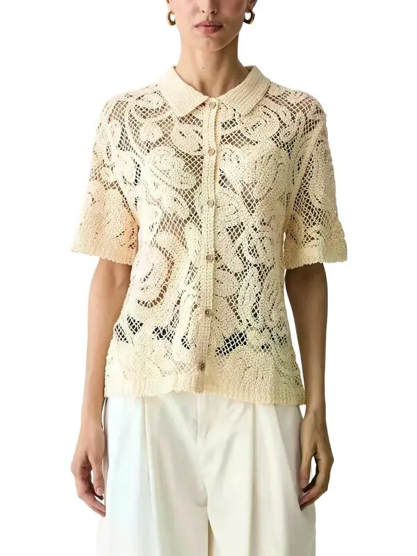 BENETTON Crochet Knit Floral Pattern Short Sleeve Shirt - Neutrals