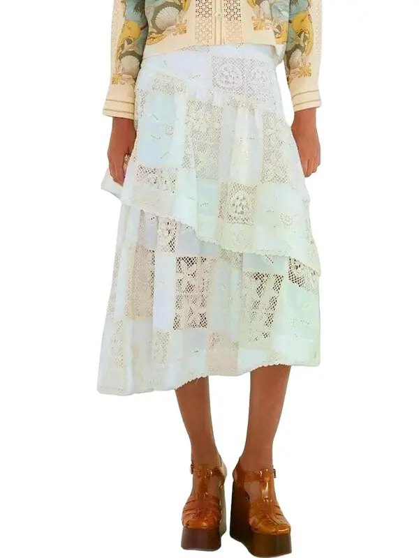 Farm Rio Patchwork Lace Tiered Midi Skirt - White