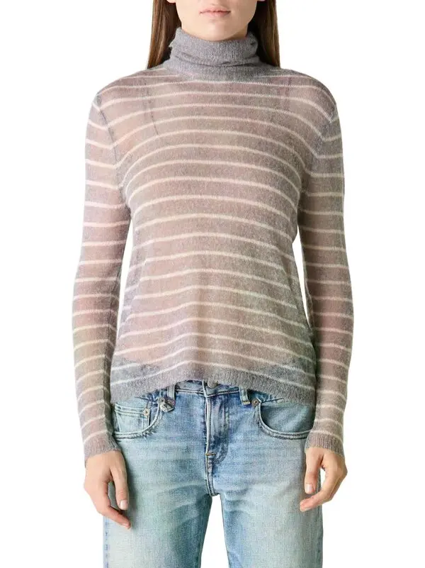 R13 Striped Semi-sheer Turtleneck Top - Grey