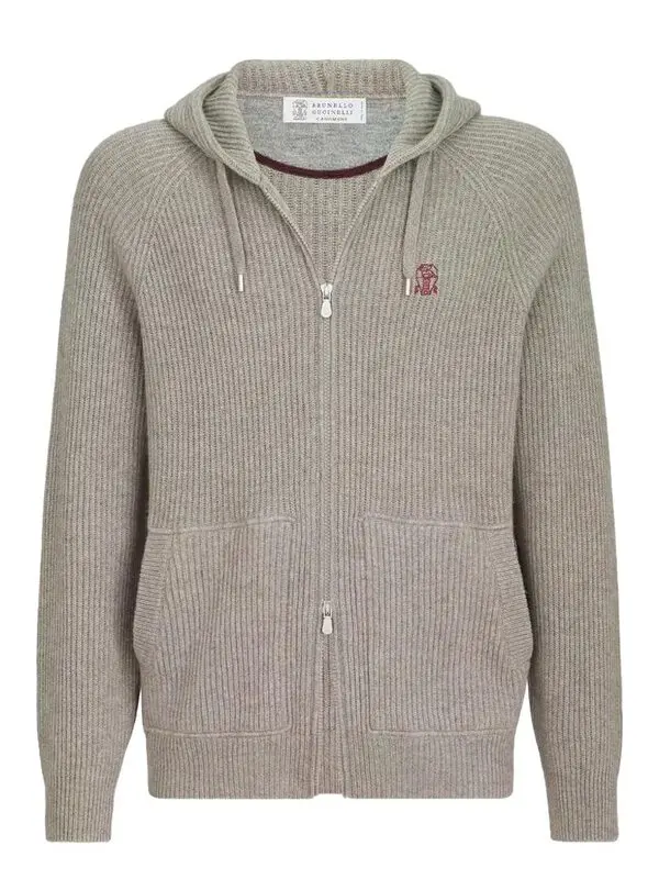 Brunello Cucinelli Cashmere English Rib Hooded Knit Sweatshirt - Grey