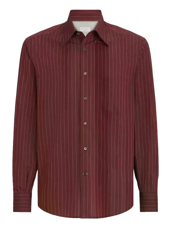 Brunello Cucinelli Double Pinstripe Cotton Overshirt With Italian Collar And Chest Pocket - Red