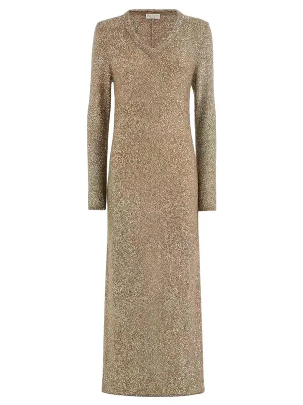 Brunello Cucinelli Sequin Embellished V-neck Midi Dress - Gold