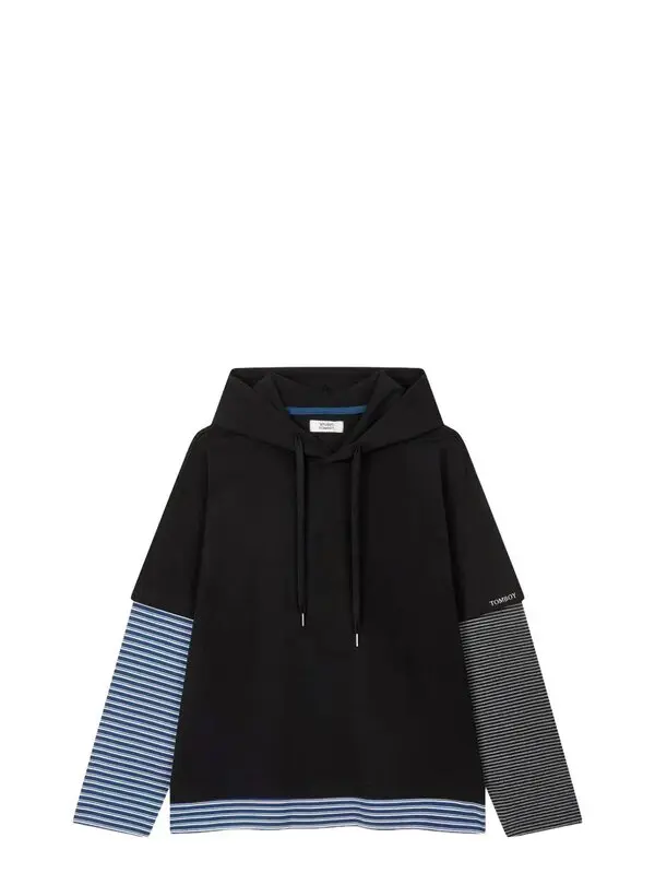 STUDIO TOMBOY Layered Hoodie With Striped Accents - Black