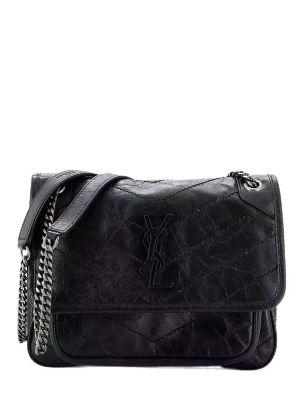 Saint Laurent Niki Chain Flap Bag Matelasse Chevron Leather Baby Shoulder Bag - Black