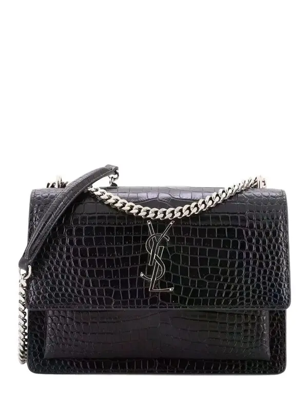 Saint Laurent Sunset Crocodile Embossed Leather Medium Crossbody Bag - Black