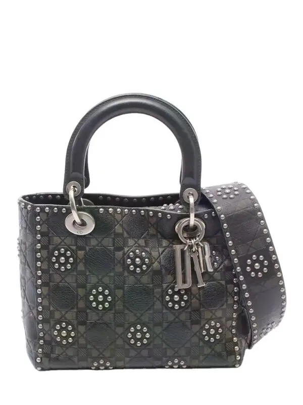 Dior Medium Calfskin Cannage Embossed Flower Studded Supple Lady Satchel - Black