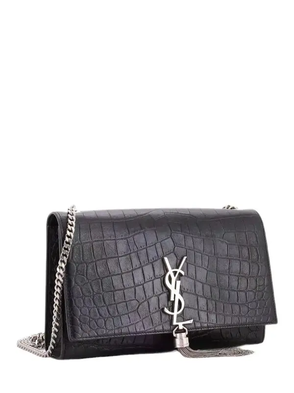 Saint Laurent Monogram Tassel Crocodile Embossed Leather Crossbody Bag - Black