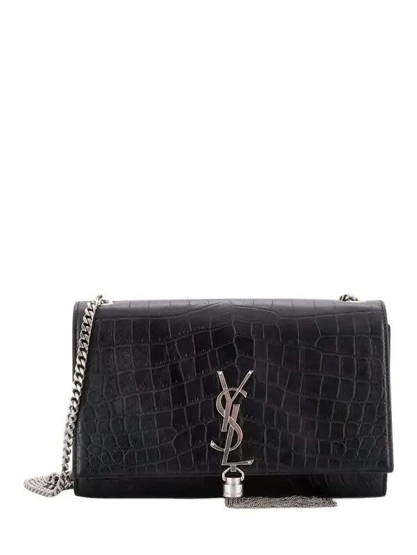 Saint Laurent Monogram Tassel Crocodile Embossed Leather Crossbody Bag - Black