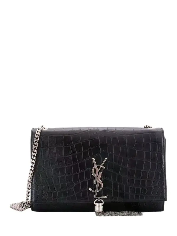 Saint Laurent Monogram Tassel Crocodile Embossed Leather Crossbody Bag - Black