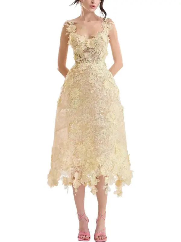 GEMY MAALOUF 3d Floral Appliqué Sweetheart Neck Sleeveless Dress - Neutrals