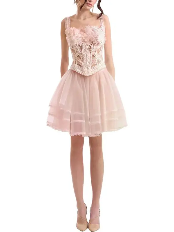 GEMY MAALOUF Lace-trimmed Tiered Tulle Skirt - Pink