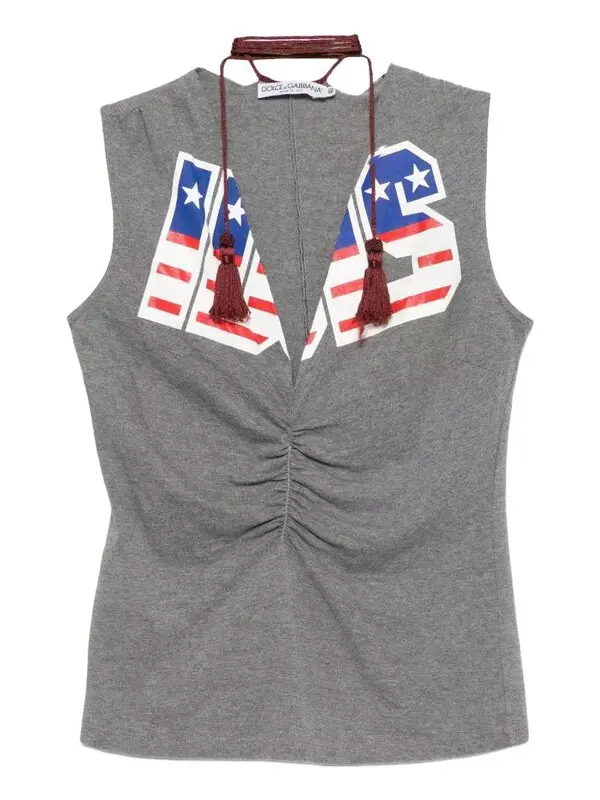 Dolce & Gabbana Sleeveless V-neck Top With Usa Print And Tassel Ties - Grey
