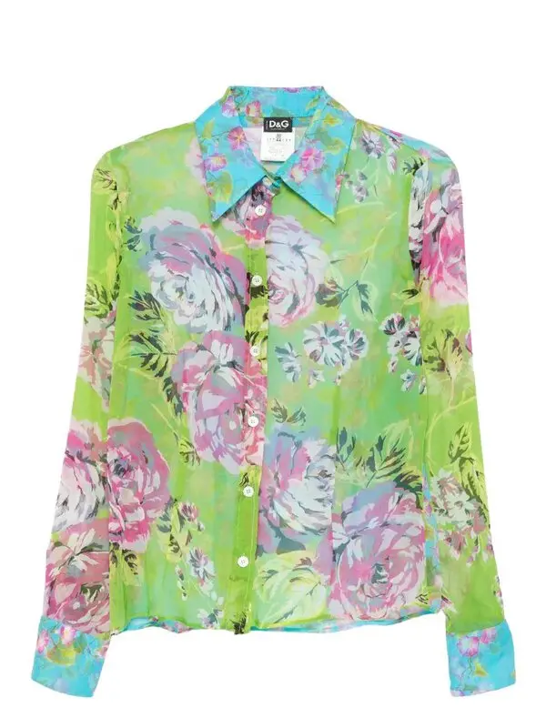 Dolce & Gabbana 2000s Floral Print Sheer Button-up Shirt - Green