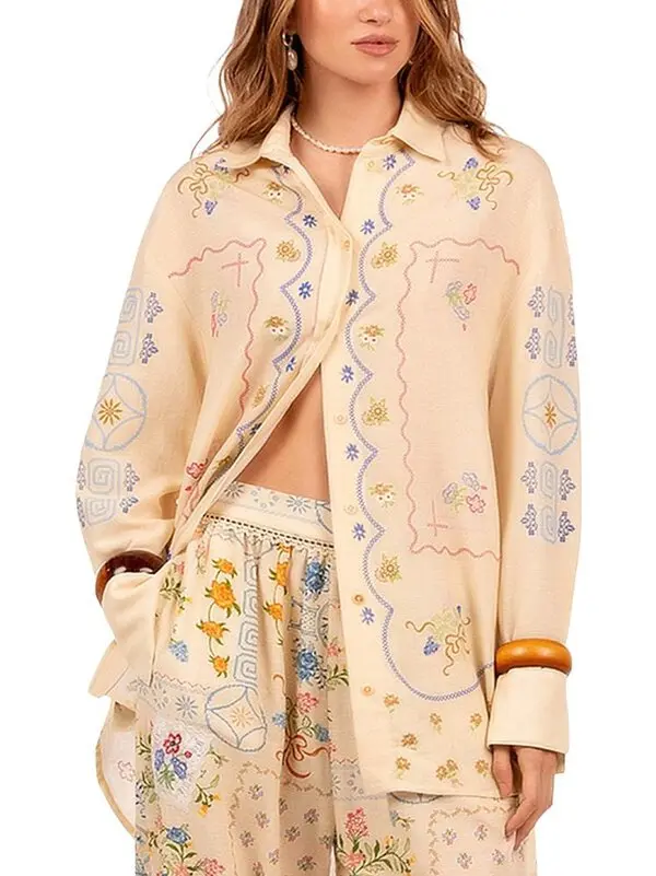 Agua Bendita Anastasia Embroidered Linen Blend Shirt - Multi
