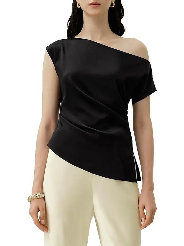 Lilysilk Stretch Silk Charmeuse Asymmetric Top - Black