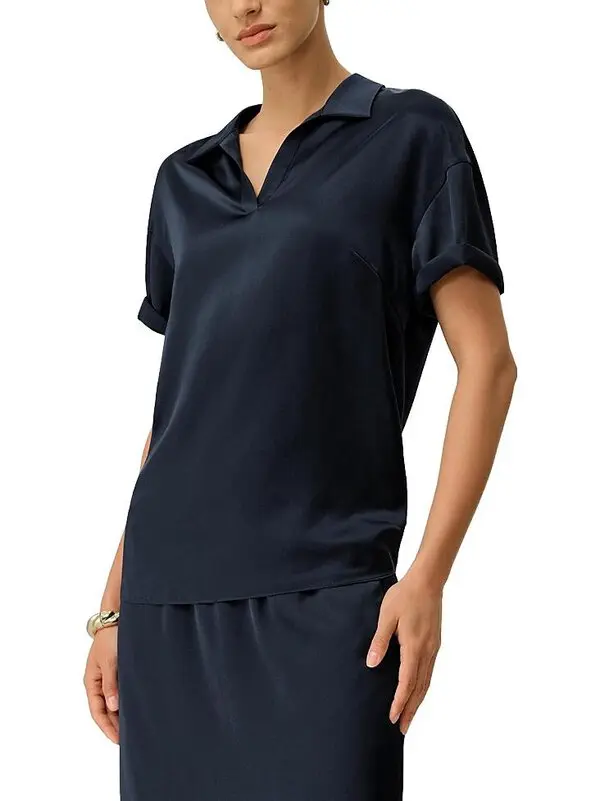 Lilysilk Washable Silk Charmeuse Polo Top - Midnight Blue