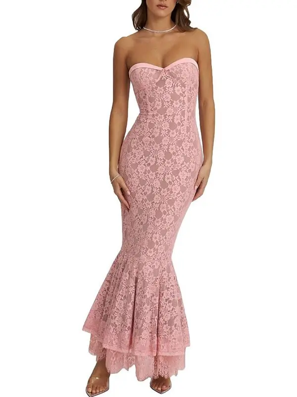 MISS CIRCLE NEW YORK Lace Sweetheart Mermaid Maxi Dress - Pink