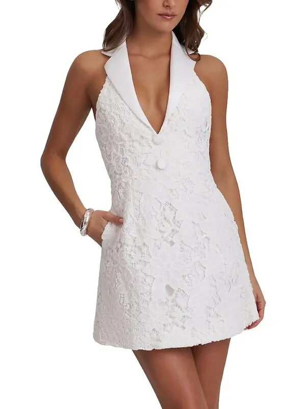 MISS CIRCLE NEW YORK Ignacia Cotton Lace Halter A-line Mini Dress - White