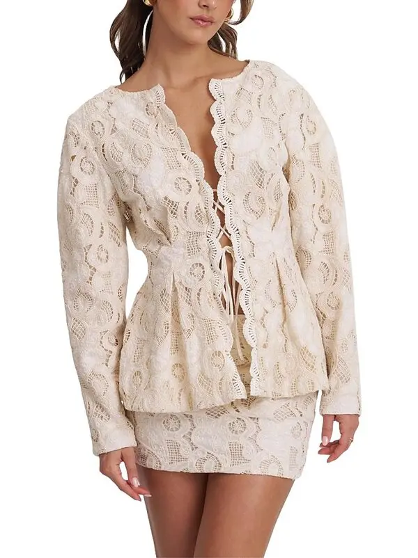 MISS CIRCLE NEW YORK Wenley Cotton Lace Puff Sleeve Cinched Top - Beige