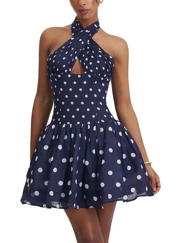 MISS CIRCLE NEW YORK Yamina Polka Dot Ramie Crossover Halter Gathered Mini Dress - Navy