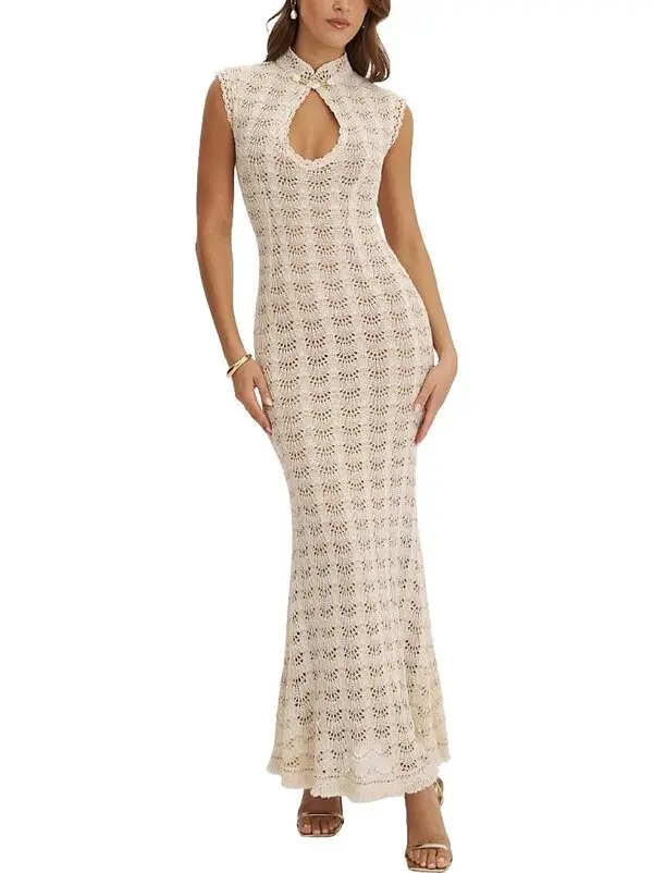 MISS CIRCLE NEW YORK Xylona Crochet Mermaid Maxi Dress - Beige