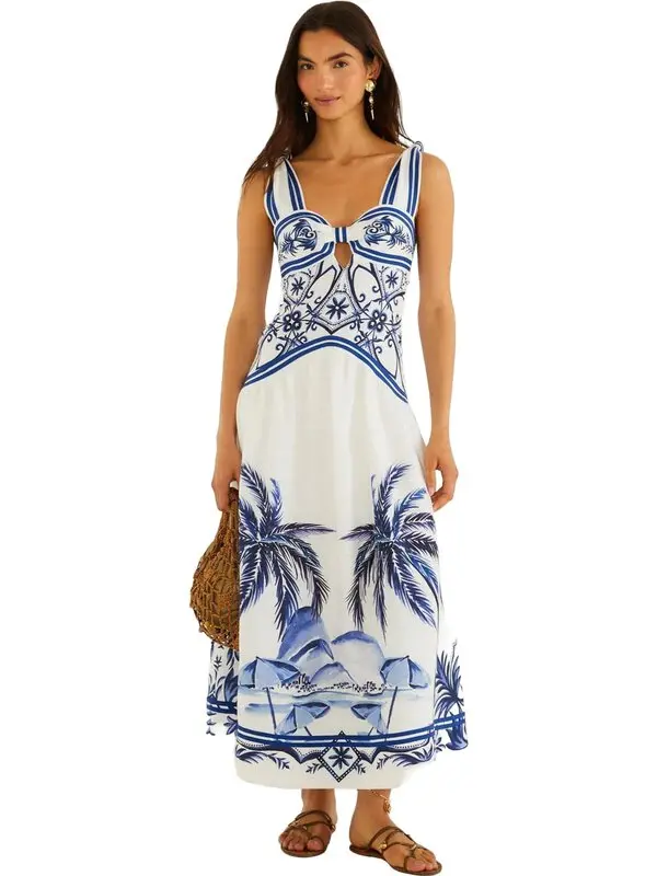 Farm Rio Long Linen Dress With City Print And Striped Shoulder Straps - Bianco