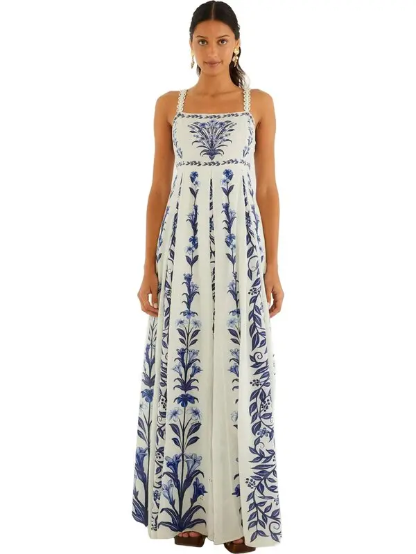 Farm Rio Maxi Dress With Flower Arch Print And Scalloped Shoulder Straps - Bianco
