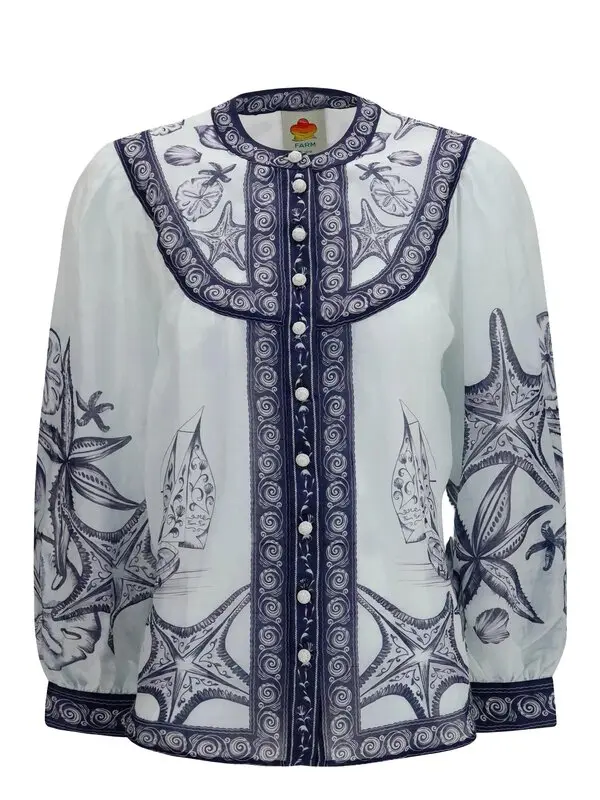 Farm Rio Coast Scarf Print Ramie Long-sleeve Blouse - Bianco