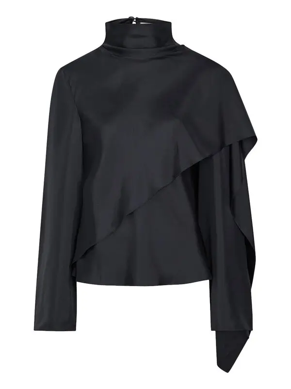 RÓHE Draped Asymmetrical High-neck Silk Top - Black