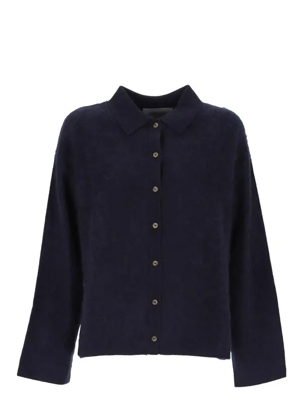 Soft Goat Long-sleeved Knitwear With Button Closure - Navy Blue