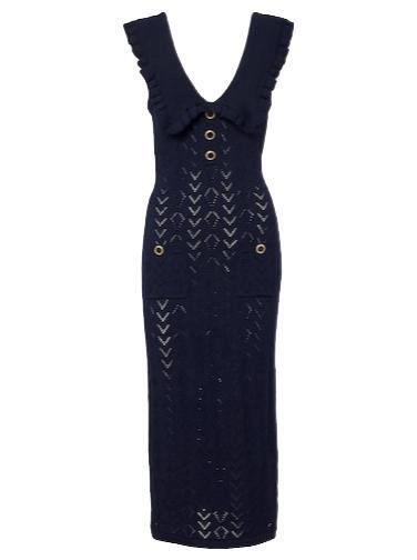 Alessandra Rich Knitted Virgin Wool Midi Dress With Ruffled Collar - Blue