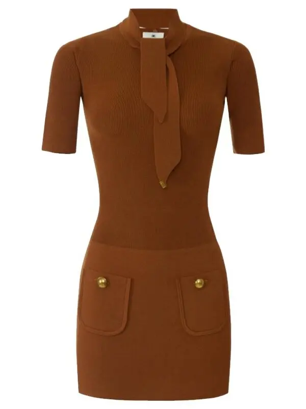 Elisabetta Franchi Ribbed Knit Mini Dress With Tie Neck Detail - Cigar