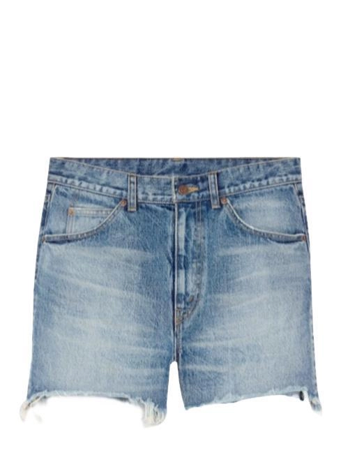 Celine Cotton Denim Shorts With Studded Pockets And Frayed Hems - Blue