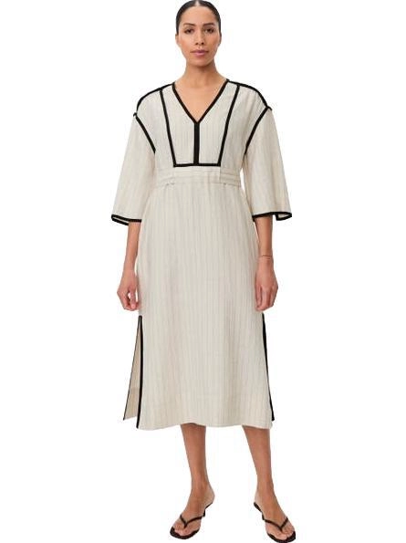 MASAI COPENHAGEN Linen-blend Striped V-neck Midi Dress With Tie Belt - Fog