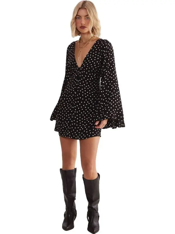 Nasty Gal Polka Dot Flared Sleeve Mini Dress - Mono