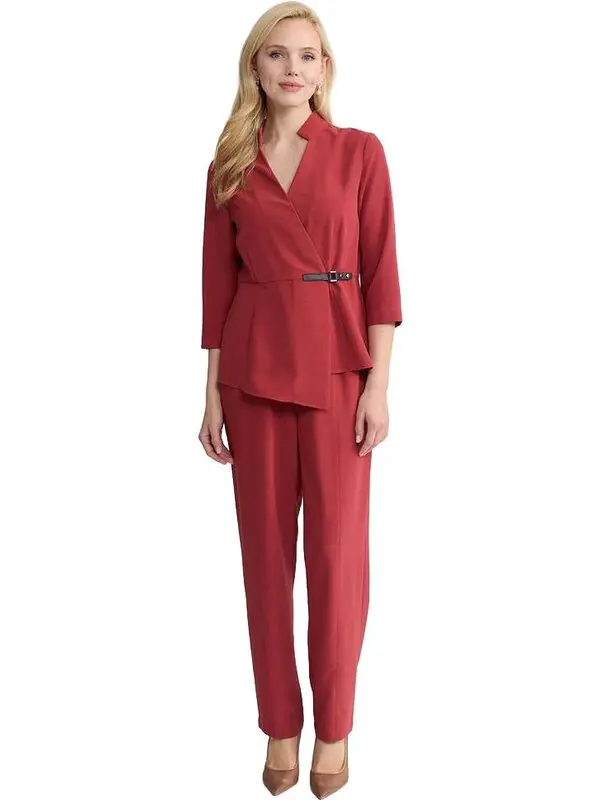 Misook Buckle Detail Crepe Wrap Blouse - Russet
