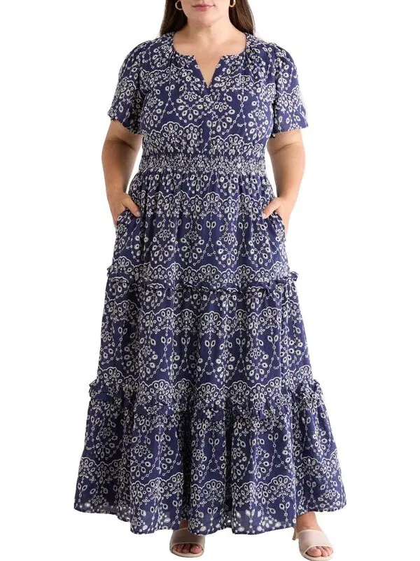 SUGARLIPS Viridiana Tiered Floral Eyelet Maxi Dress - Denim Blue