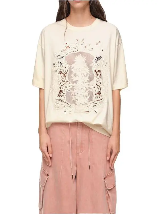 Bimba Y Lola Tonal Logo Embroidered Cotton Blend T-shirt - Ivory